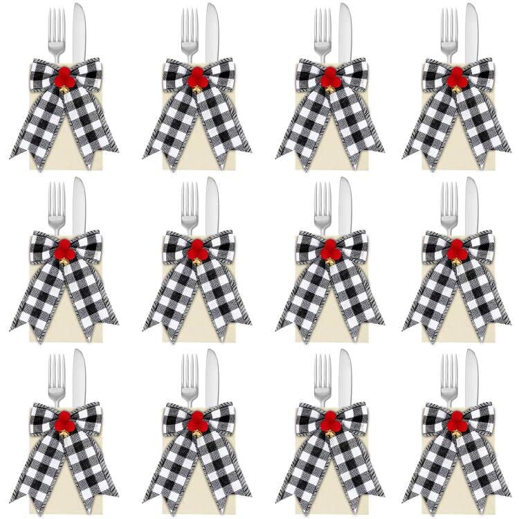 DULEFUN 12pcs Christmas Silverware Holders, Linen Christmas Cutlery Holders Classical Buffalo Plaid Xmas Flatware Tableware Holder Bags Christmas Utensil Holder for Christmas Table Setting Decorations