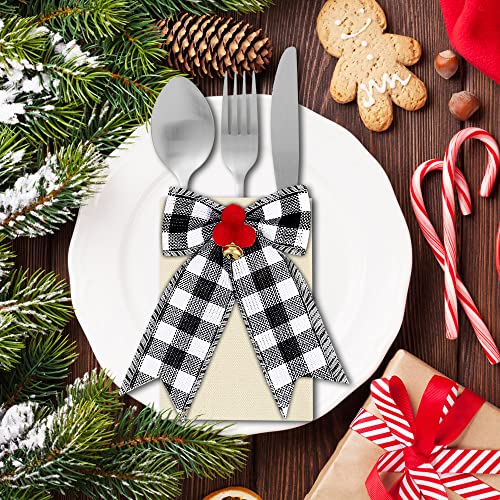 DULEFUN 12pcs Christmas Silverware Holders, Linen Christmas Cutlery Holders Classical Buffalo Plaid Xmas Flatware Tableware Holder Bags Christmas Utensil Holder for Christmas Table Setting Decorations