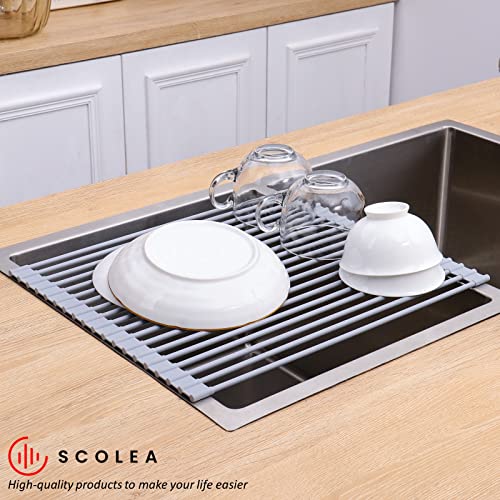 SCOLEA Roll Up Dish Drying Rack Over The Sink, Medium 17.1”x13.1” Heavy Duty, Multipurpose Roll-Up Foldable Silicone Coated Collapsible Drainer for Kitchen Sink (Warm Gray, Medium 17.1”x13.1”)