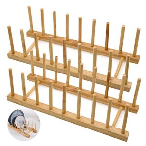 lzymsz set of 2 bamboo wooden dish rack, plate rack stand pot lid holder, kitchen cabinet organizer for bowl, cup, cutting board and more