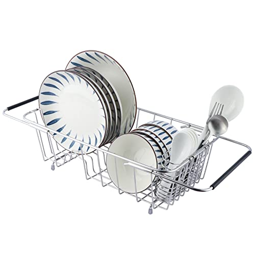 Tikxlafe Dish Drying Rack in Sink 304 Stainless Steel with Utensil Cutlery Holder for Kitchen Counter,Medium Expandable Deep Rustproof Over The Sink Dish Rack Set