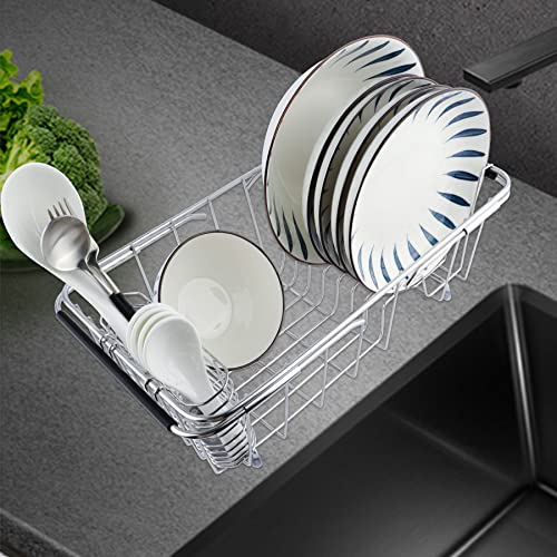 Tikxlafe Dish Drying Rack in Sink 304 Stainless Steel with Utensil Cutlery Holder for Kitchen Counter,Medium Expandable Deep Rustproof Over The Sink Dish Rack Set