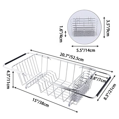 Tikxlafe Dish Drying Rack in Sink 304 Stainless Steel with Utensil Cutlery Holder for Kitchen Counter,Medium Expandable Deep Rustproof Over The Sink Dish Rack Set