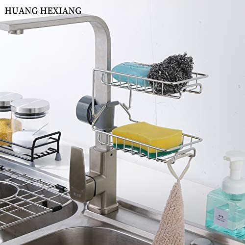 Faucet Storage Rack，Holder Sink Caddy Organizer for Kitchen & Bathroom Accessories， Stainless Steel Storage Rack，Sink Organizer for Soap Sponge Brush Scrubber Sink Caddy Organizer (Double layer)