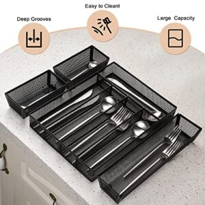 WuGeShop Kitchen Utensil Organizer,Cutlery Holder Organizer in Drawer for Flatware,Utensil Storage Flatware Tray with Anti-slip Mats(Black)