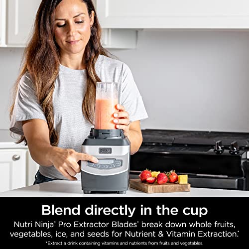 Ninja BL660 Professional Compact Smoothie & Food Processing Blender, 1100-Watts, 3 Functions for Frozen Drinks, Smoothies, Sauces, & More, 72-oz.* Pitcher, (2) 16-oz. To-Go Cups & Spout Lids, Gray