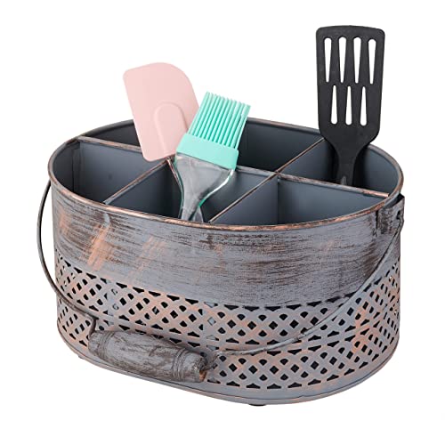 Utensil Caddy Carry – Metal All Serveware - Galvanized Metal Organizer for Kitchen Counter - Comfortable Wooden Handle /Indoor/Outdoor Storage For Flatware, Condiments, Party Cutlery, Arts - Rustic Grey Cooper