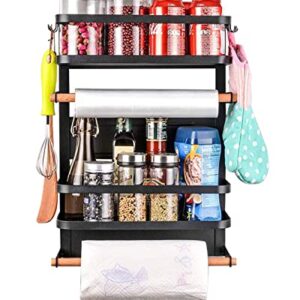 Magnetic Fridge Organizer with 2 Paper Towel Holder, Large Foldable Strong Magnetic Spice Rack with 5 Removable Hooks，Magentic Shelf Hold up to 30LBS (Black)