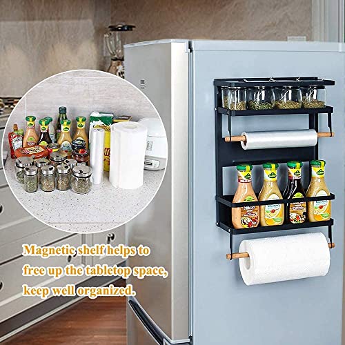 Magnetic Fridge Organizer with 2 Paper Towel Holder, Large Foldable Strong Magnetic Spice Rack with 5 Removable Hooks，Magentic Shelf Hold up to 30LBS (Black)