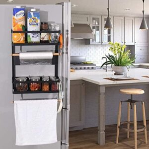 Magnetic Fridge Organizer with 2 Paper Towel Holder, Large Foldable Strong Magnetic Spice Rack with 5 Removable Hooks，Magentic Shelf Hold up to 30LBS (Black)