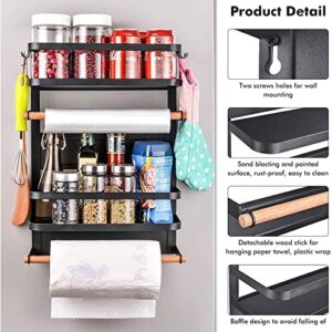 Magnetic Fridge Organizer with 2 Paper Towel Holder, Large Foldable Strong Magnetic Spice Rack with 5 Removable Hooks，Magentic Shelf Hold up to 30LBS (Black)