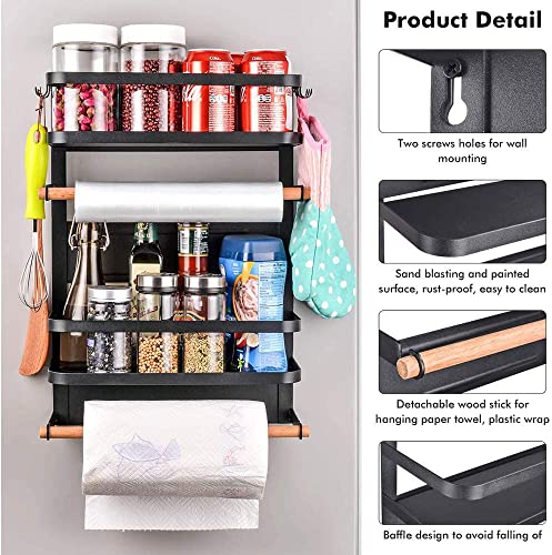 Magnetic Fridge Organizer with 2 Paper Towel Holder, Large Foldable Strong Magnetic Spice Rack with 5 Removable Hooks，Magentic Shelf Hold up to 30LBS (Black)