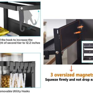 Magnetic Fridge Organizer with 2 Paper Towel Holder, Large Foldable Strong Magnetic Spice Rack with 5 Removable Hooks，Magentic Shelf Hold up to 30LBS (Black)