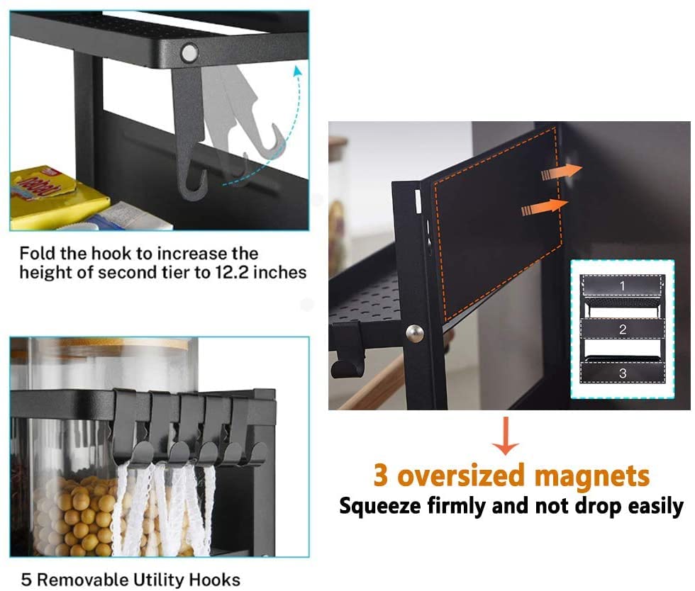 Magnetic Fridge Organizer with 2 Paper Towel Holder, Large Foldable Strong Magnetic Spice Rack with 5 Removable Hooks，Magentic Shelf Hold up to 30LBS (Black)