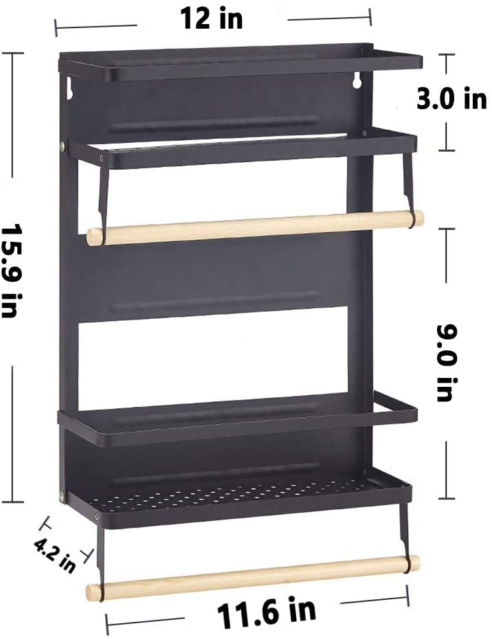 Magnetic Fridge Organizer with 2 Paper Towel Holder, Large Foldable Strong Magnetic Spice Rack with 5 Removable Hooks，Magentic Shelf Hold up to 30LBS (Black)