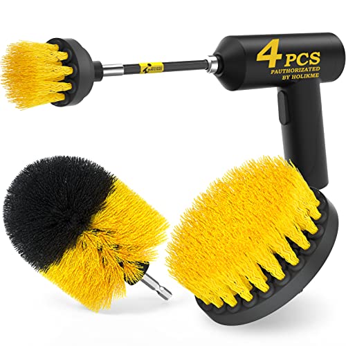 Holikme 4Pack Drill Brush Power Scrubber Cleaning Brush Extended Long Attachment Set All Purpose Drill Scrub Brushes Kit for Grout, Floor, Tub, Shower, Tile, Bathroom and Kitchen Surface，Yellow