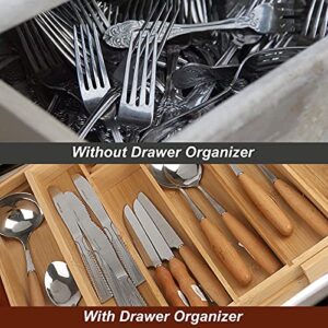 Bamboo Kitchen Drawer Organizer, Expandable Silverware Tray and Utensils Holder, Wooden Cutlery Tray with Grooved Divider for Flatware Spoon Fork Knives Storage