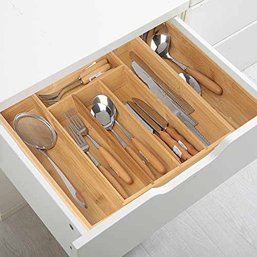 Bamboo Kitchen Drawer Organizer, Expandable Silverware Tray and Utensils Holder, Wooden Cutlery Tray with Grooved Divider for Flatware Spoon Fork Knives Storage