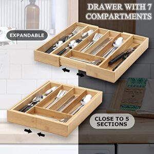 Bamboo Kitchen Drawer Organizer, Expandable Silverware Tray and Utensils Holder, Wooden Cutlery Tray with Grooved Divider for Flatware Spoon Fork Knives Storage