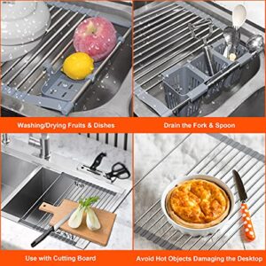 BUILOG Roll Up Dish Sink Drying Rack Extra Large Expandable to 22.9'',Stainless Steel Over Rolling up Mat Dish Drying Rack with 2 Storage Basket Holders for Kitchen Dishes Fruits