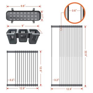 BUILOG Roll Up Dish Sink Drying Rack Extra Large Expandable to 22.9'',Stainless Steel Over Rolling up Mat Dish Drying Rack with 2 Storage Basket Holders for Kitchen Dishes Fruits