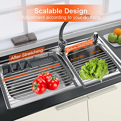 BUILOG Roll Up Dish Sink Drying Rack Extra Large Expandable to 22.9'',Stainless Steel Over Rolling up Mat Dish Drying Rack with 2 Storage Basket Holders for Kitchen Dishes Fruits