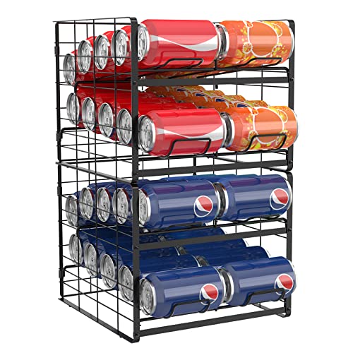 Stackable Soda Can Rack Organizer 4 Tier Beverage Can Dispenser Cola Rack Storage Holder for Pantry Kitchen Cabinets Countertop, Holds 40 12oz Soda Cans or Canned Food, Black