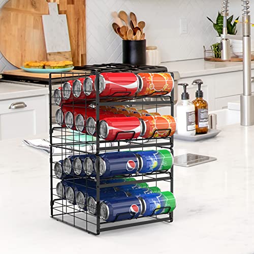 Stackable Soda Can Rack Organizer 4 Tier Beverage Can Dispenser Cola Rack Storage Holder for Pantry Kitchen Cabinets Countertop, Holds 40 12oz Soda Cans or Canned Food, Black