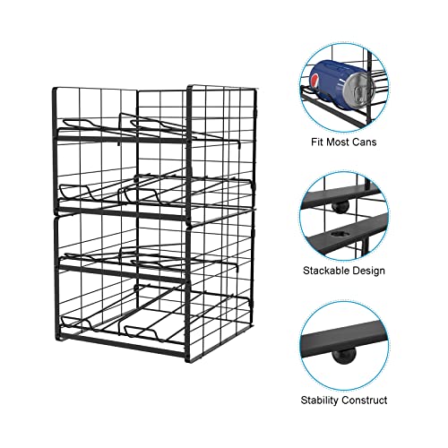 Stackable Soda Can Rack Organizer 4 Tier Beverage Can Dispenser Cola Rack Storage Holder for Pantry Kitchen Cabinets Countertop, Holds 40 12oz Soda Cans or Canned Food, Black