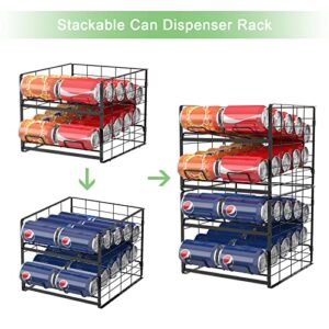 Stackable Soda Can Rack Organizer 4 Tier Beverage Can Dispenser Cola Rack Storage Holder for Pantry Kitchen Cabinets Countertop, Holds 40 12oz Soda Cans or Canned Food, Black