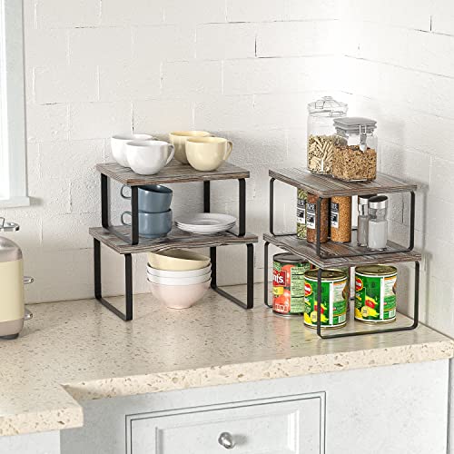 JACKCUBE Design Kitchen Cabinet Shelf Organizer, Countertop Riser, Wood Plate Pantry Shelves Storage, Stackable, Expandable, Metal and Rustic Wood, Set of 2 - MK617A