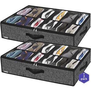 onlyeasy sturdy under bed shoe storage organizer, set of 2, fits total 24 pairs, underbed shoes closet storage solution with clear window, breathable, 29.3″x23.6″x5.9″, linen-like black, mxaubsb2p