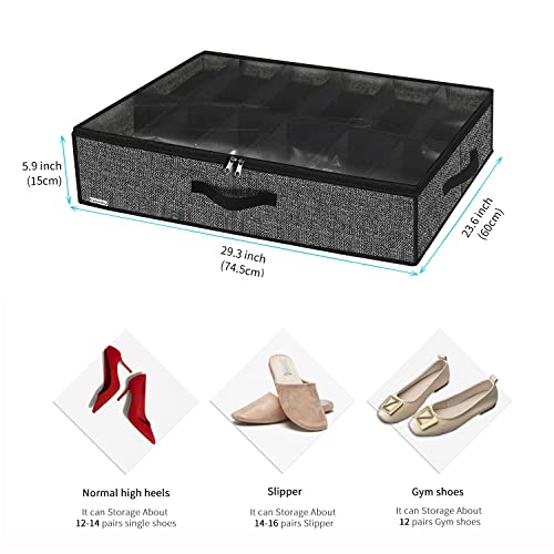 Onlyeasy Sturdy Under Bed Shoe Storage Organizer, Set of 2, Fits Total 24 Pairs, Underbed Shoes Closet Storage Solution with Clear Window, Breathable, 29.3"x23.6"x5.9", Linen-like Black, MXAUBSB2P