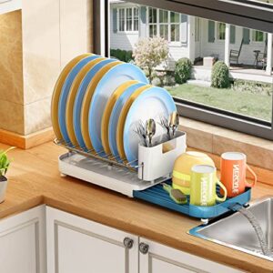 pxrack dish drying rack, expandable(11.4″-18″) dish rack for kitchen counter with detachable utensil holder, stainless steel small dish drainer and drainboard set for kitchen in sink