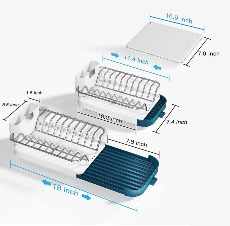 PXRACK Dish Drying Rack, Expandable(11.4"-18") Dish Rack for Kitchen Counter with Detachable Utensil Holder, Stainless Steel Small Dish Drainer and Drainboard Set for Kitchen in Sink