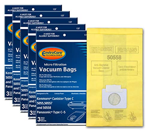 Envirocare Replacement Vacuum Cleaner Bags made to fit Kenmore Canister Type C/Q. 5055, 50557 and 50558 Panasonic Type C-5,15 pack