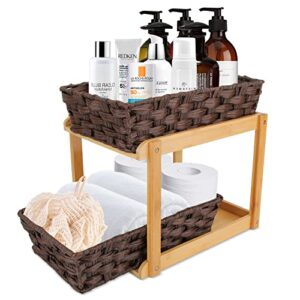 tcjj 2-tier woven baskets for storage, under bathroom/kitchen sink organizers and storage, 2 sliding storage baskets and bamboo tray for bathroom kitchen pantry medicine cabinet counter (brown)