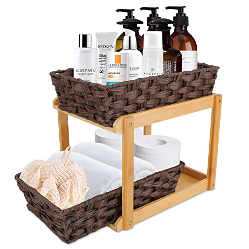 TCJJ 2-Tier Woven Baskets for Storage, Under Bathroom/Kitchen Sink Organizers and Storage, 2 Sliding Storage Baskets and Bamboo Tray for Bathroom Kitchen Pantry Medicine Cabinet Counter (Brown)