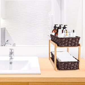 TCJJ 2-Tier Woven Baskets for Storage, Under Bathroom/Kitchen Sink Organizers and Storage, 2 Sliding Storage Baskets and Bamboo Tray for Bathroom Kitchen Pantry Medicine Cabinet Counter (Brown)