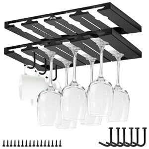 yalinka 2pcs under cabinet stemware holder wine glass rack, glasses storage hanger under shelf with hook, goblet display drying rack for kitchen bar restaurant (4 slots)