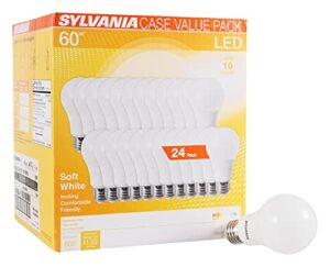 sylvania led a19 light bulb, 60w equivalent, efficient 8.5w, 10 year, 2700k, 800 lumens, frosted, soft white – 24 pack (74765), packaging may vary.