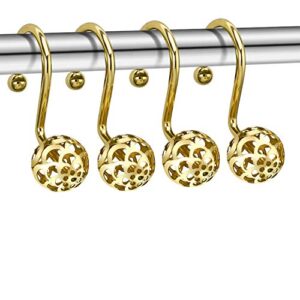 Chictie Gold Shower Curtain Hooks Rings,Set of 12 Brass Decorative Shower Curtain Hooks,Bling Metal Rustproof Shower Hangers Rings for Bathroom Curtains Rods Hollow Ball Design