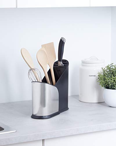 Umbra Furlo, Expandable Kitchen Utensil Holder, Multi-Functional Caddy Organizer with Divider and Extra Storage, Ideal for Keeping Knives and other Utensils Instantly Accessible, Black/Stainless Steel