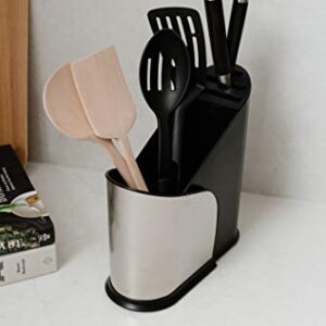 Umbra Furlo, Expandable Kitchen Utensil Holder, Multi-Functional Caddy Organizer with Divider and Extra Storage, Ideal for Keeping Knives and other Utensils Instantly Accessible, Black/Stainless Steel