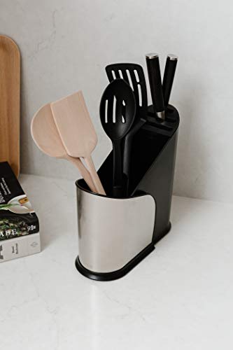 Umbra Furlo, Expandable Kitchen Utensil Holder, Multi-Functional Caddy Organizer with Divider and Extra Storage, Ideal for Keeping Knives and other Utensils Instantly Accessible, Black/Stainless Steel