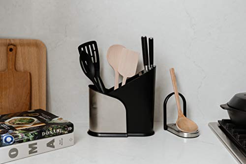 Umbra Furlo, Expandable Kitchen Utensil Holder, Multi-Functional Caddy Organizer with Divider and Extra Storage, Ideal for Keeping Knives and other Utensils Instantly Accessible, Black/Stainless Steel