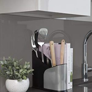 Umbra Furlo, Expandable Kitchen Utensil Holder, Multi-Functional Caddy Organizer with Divider and Extra Storage, Ideal for Keeping Knives and other Utensils Instantly Accessible, Black/Stainless Steel