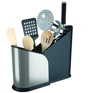 Umbra Furlo, Expandable Kitchen Utensil Holder, Multi-Functional Caddy Organizer with Divider and Extra Storage, Ideal for Keeping Knives and other Utensils Instantly Accessible, Black/Stainless Steel