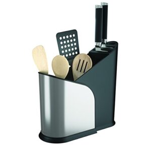 Umbra Furlo, Expandable Kitchen Utensil Holder, Multi-Functional Caddy Organizer with Divider and Extra Storage, Ideal for Keeping Knives and other Utensils Instantly Accessible, Black/Stainless Steel