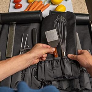 famzigo Silver Chef Knife Bag - 29 Flexible Universal Pockets, Detachable Adjustable Shoulder Strap - Professional Kitchen Accessories - Camping Storage, Carrying Case